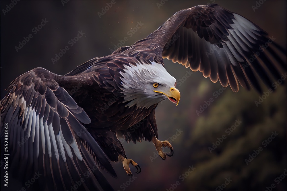 a bald eagle flying through the air with its wings spread out and it's ...