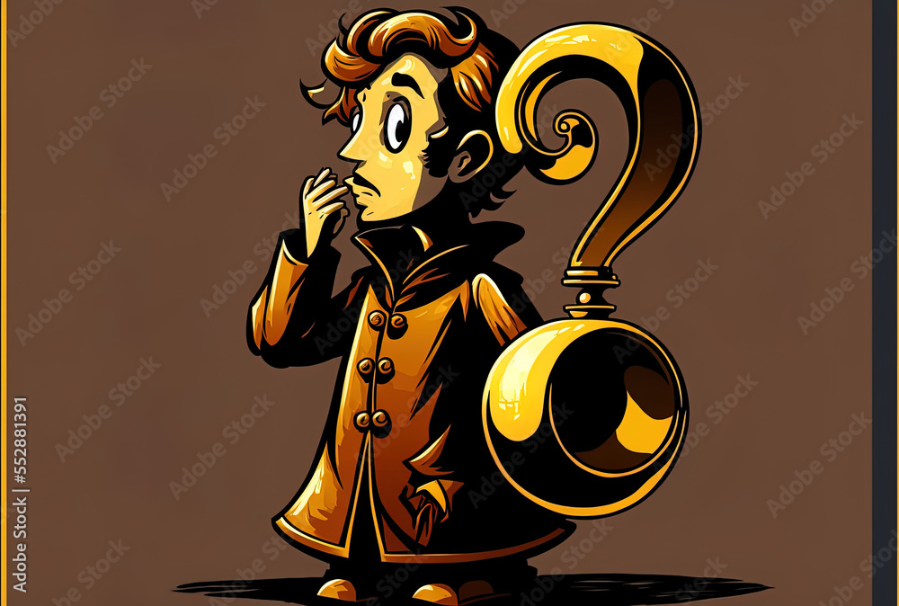 Cartoon guy in the shape of a question mark with an antique golden ...