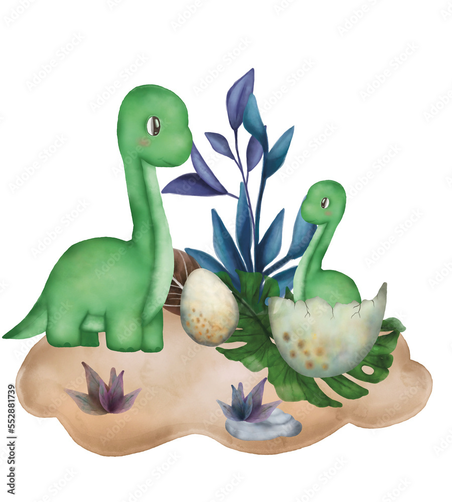 Watercolor art of cute green diplodocus and birth baby dinosaur. Idea ...
