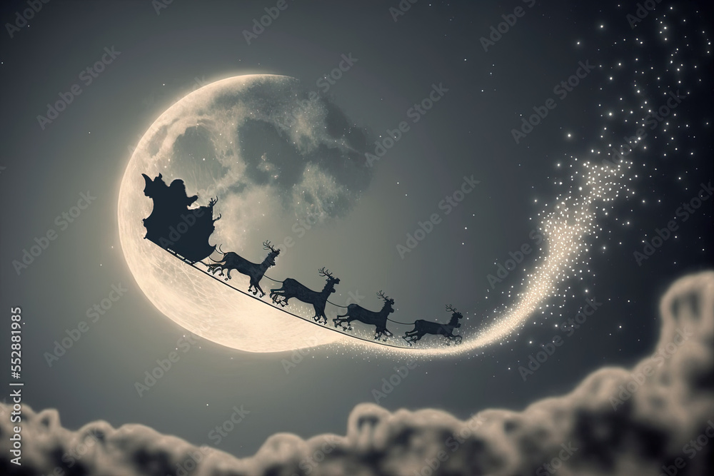 Santa Claus is spotted in the night sky as he flies in front of the ...