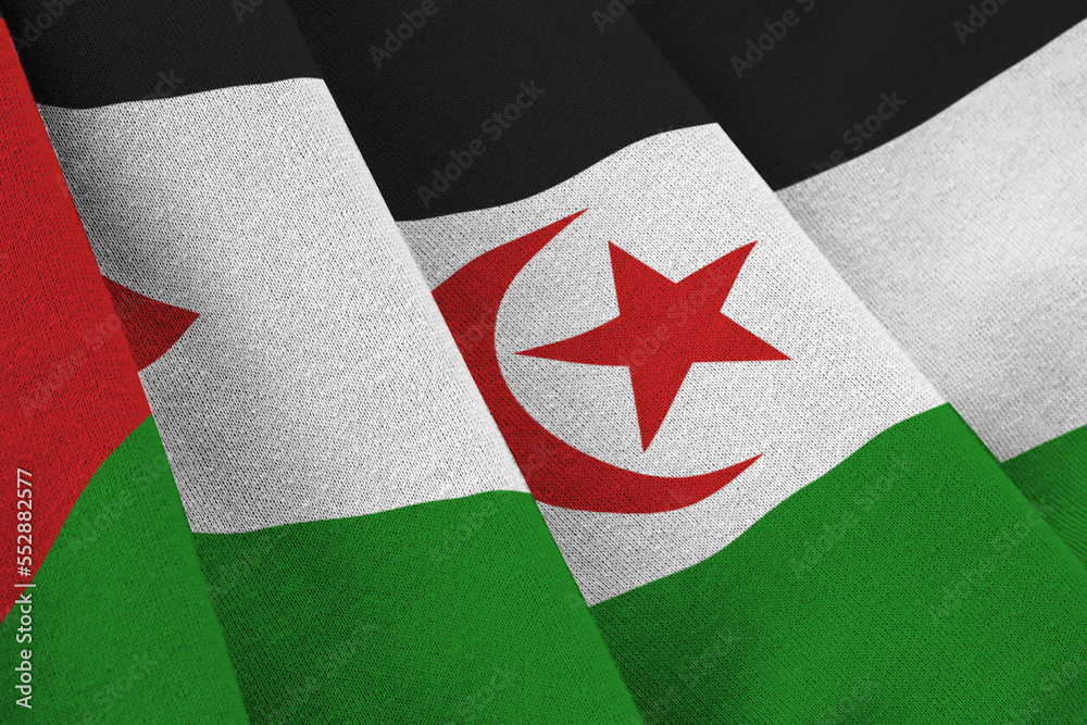 Western Sahara flag with big folds waving close up under the studio ...