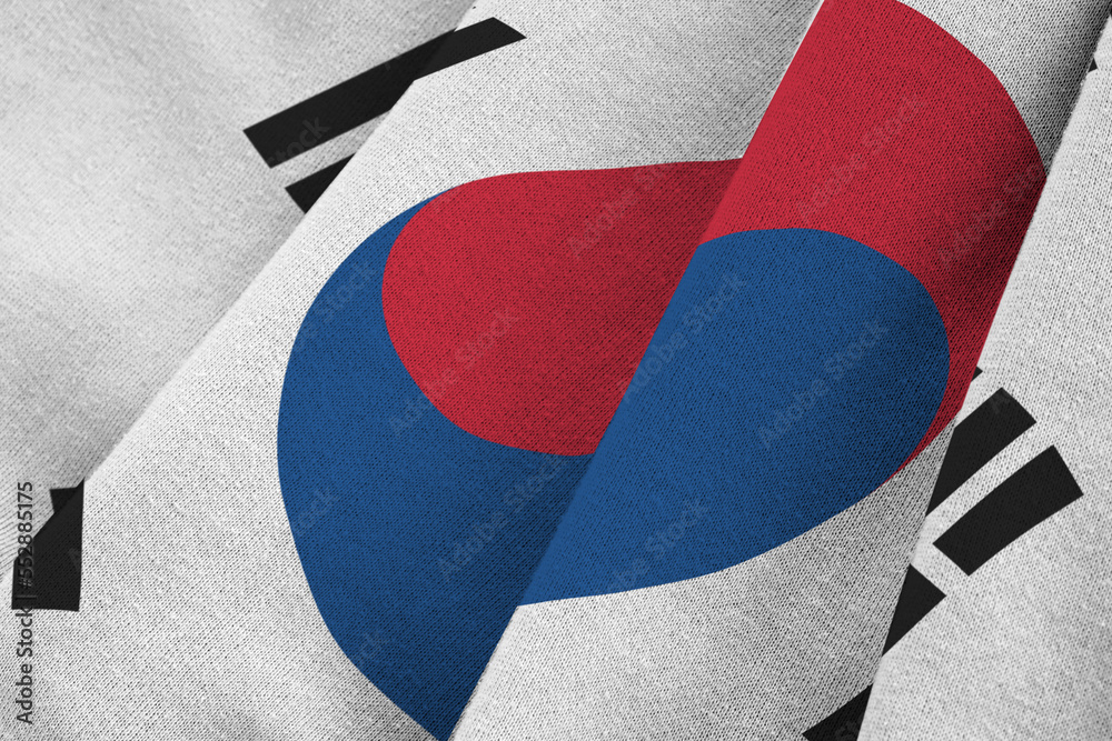 South Korea flag with big folds waving close up under the studio light ...