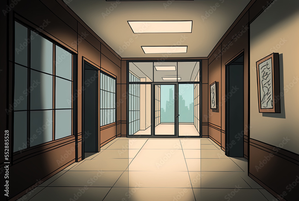 inside view of a room with an abstract background facing out onto an ...