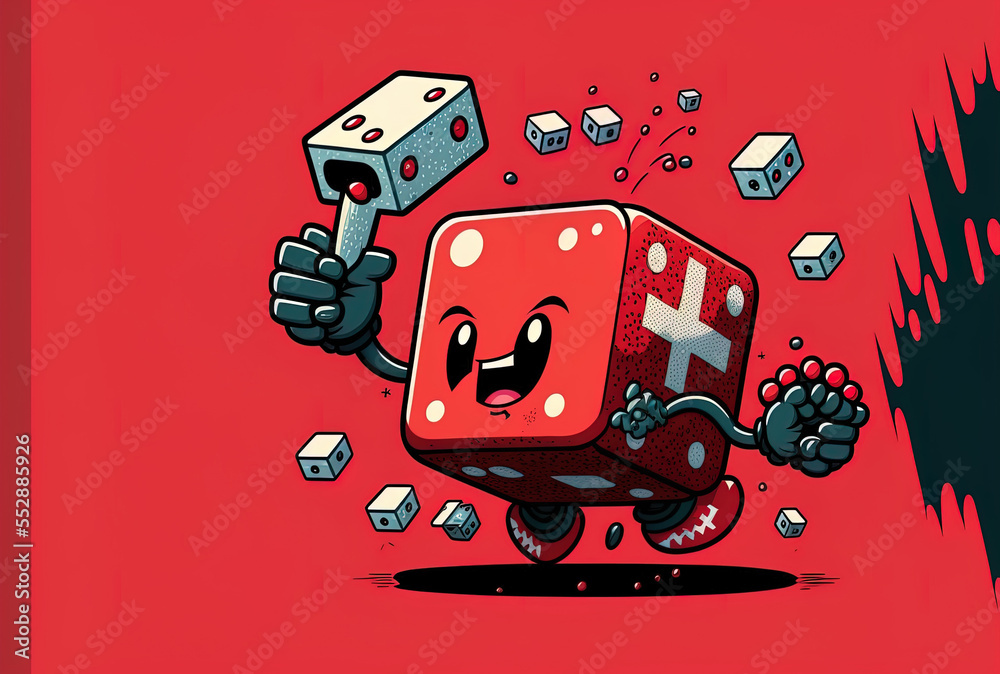 Red gaming dice are flying in a character with a pixel hand cursor as ...