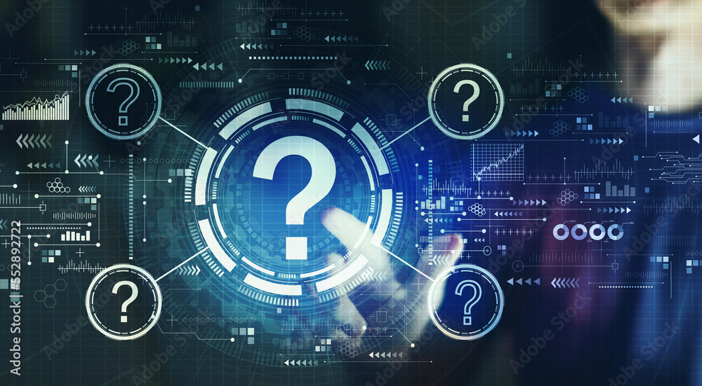 Question marks with young man touching a digital screen at night Stock ...