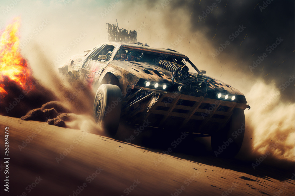 Generative AI illustration of post-apocalyptic car chase on a desert ...