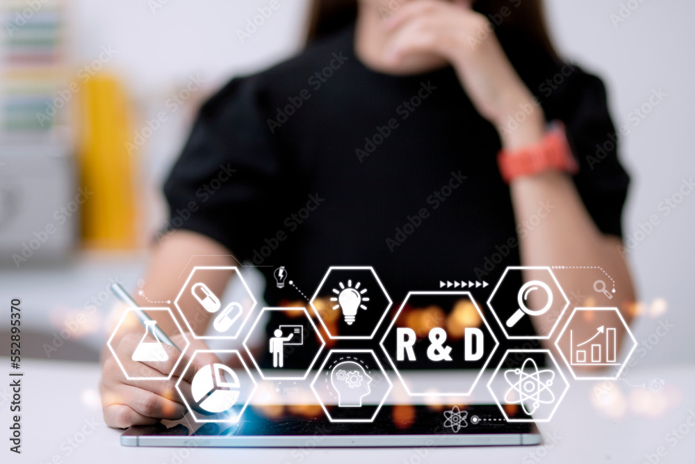 Businesswoman touched r and d sign. R d icon network business concept ...