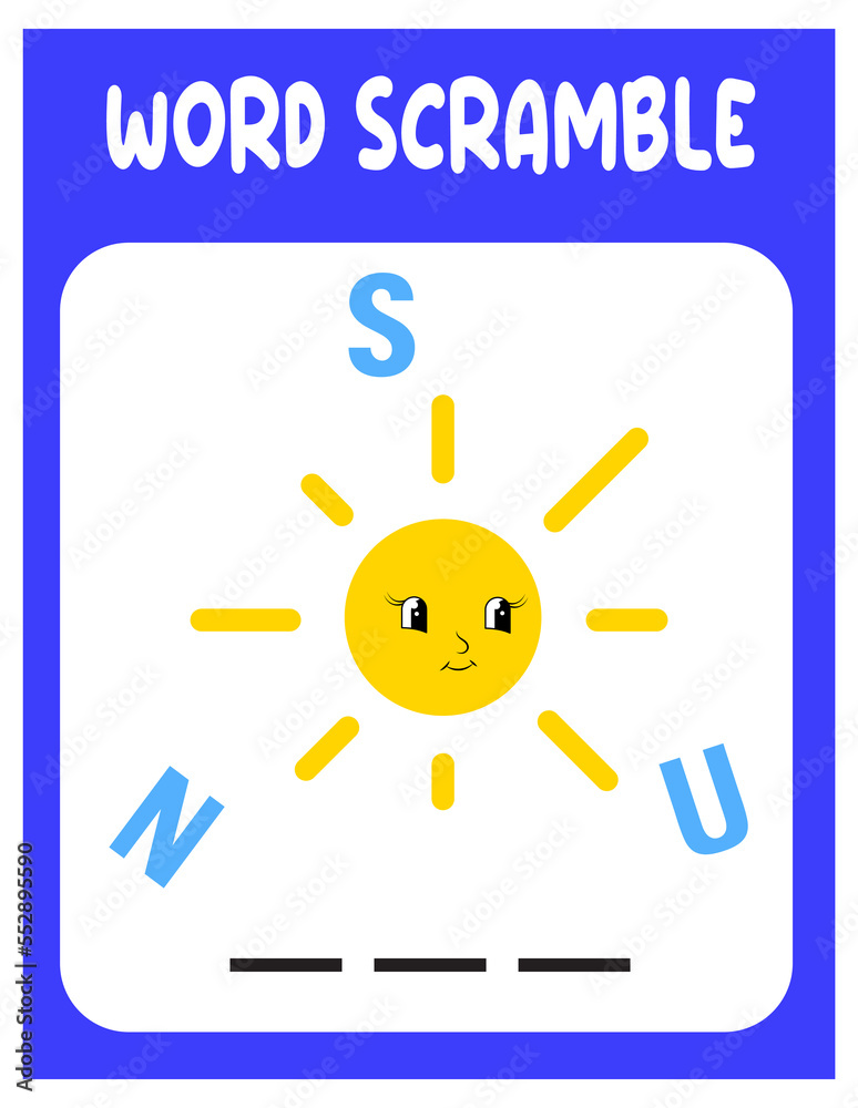 Sun Word scramble . Educational game for kids. English language ...
