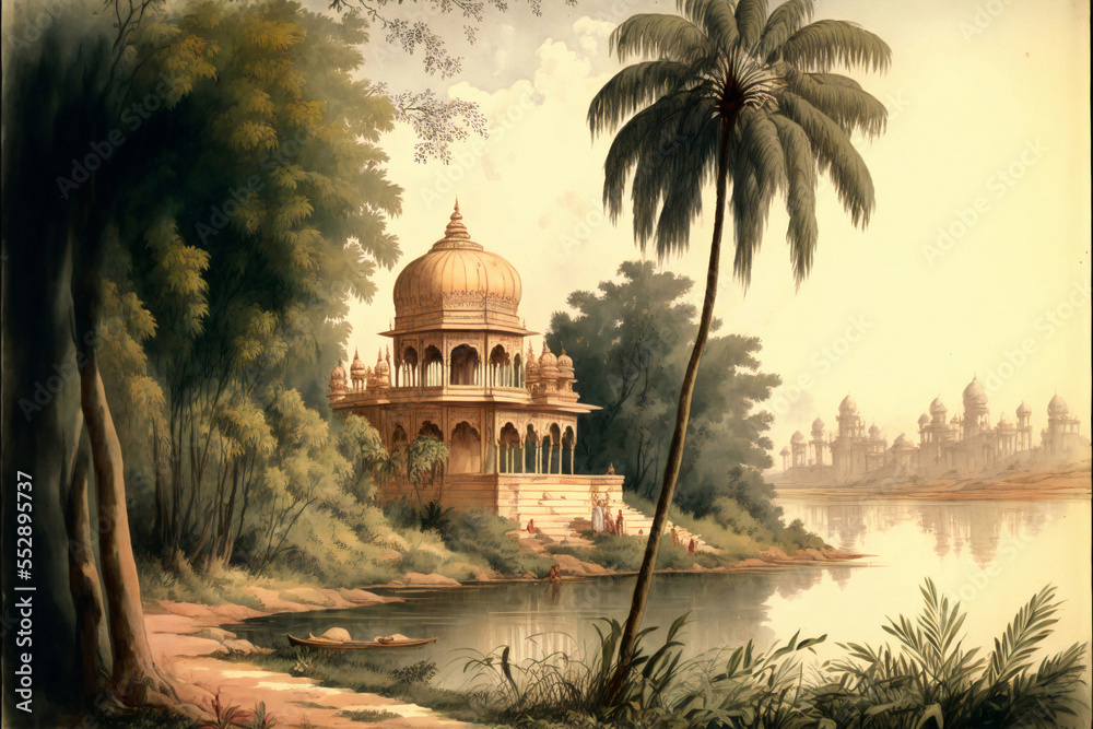 Vintage wallpaper - digital landscape painting of palm trees and river ...