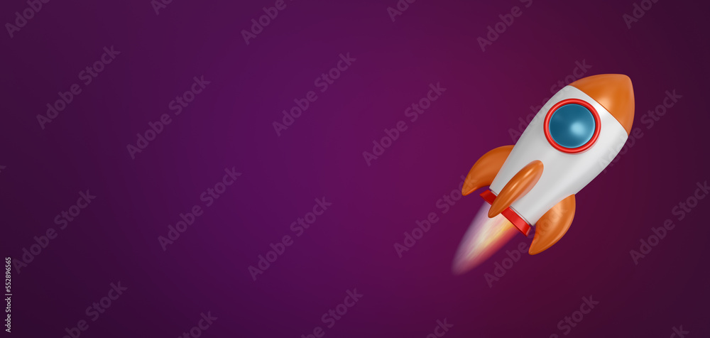 Cartoon rocket on purple background. Flying spaceship with flame from ...