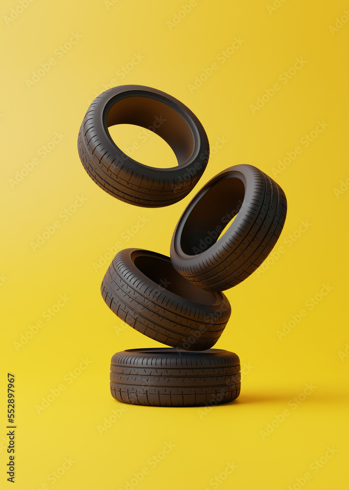 Heap of car rubber tyres on yellow background. Concept of changing ...