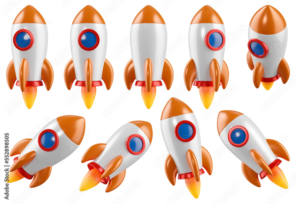 Cartoon rocket from different angles. Spaceship isolated on transparent ...