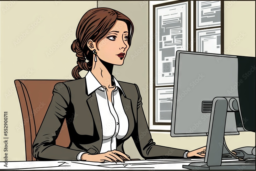 Cartoon Illustration of a Pretty Businesswoman Working At Her Computer ...