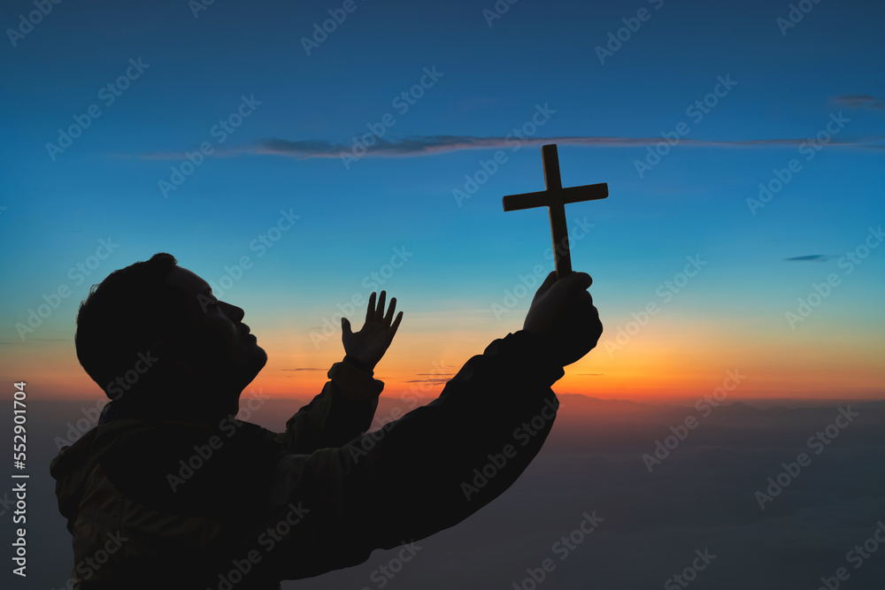 Silhouette Human Prayer to God beautiful sunrise or sunset sky ...