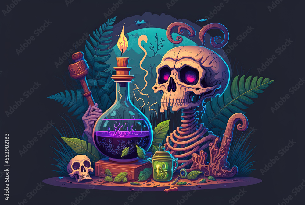 Skull, puppet, and potion of voodoo. 4K ed illustration. Generative AI ...