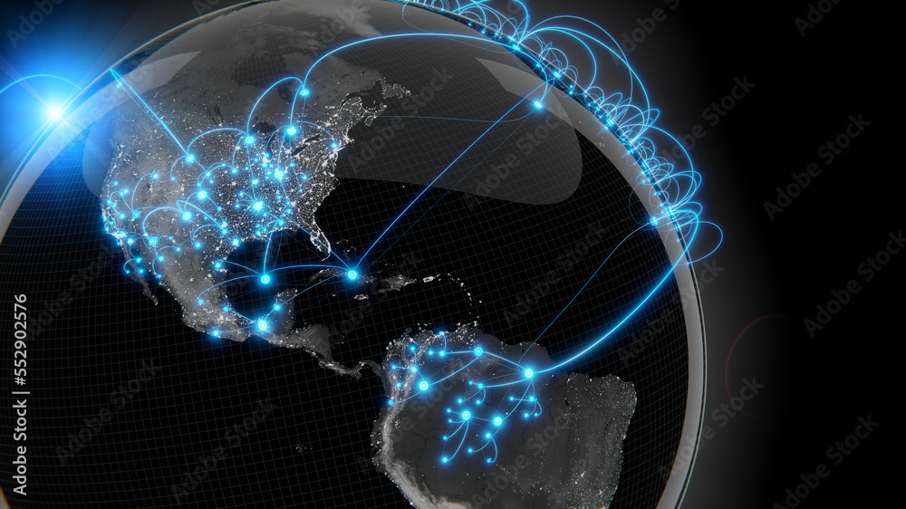 Globalization and communication concept. Earth and luminous rays. 3d ...