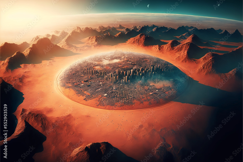 Small city on Mars. Space colonization concept. Created with Generative ...