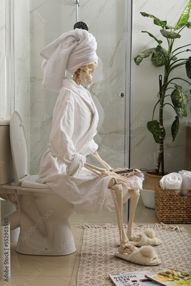Skeleton in bathrobe with mobile phone sitting on toilet bowl Stock ...