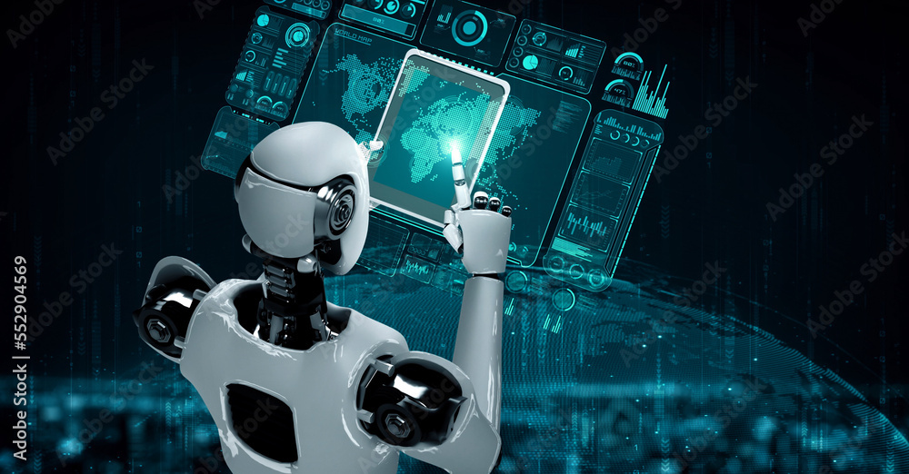 Robot hominoid using tablet computer for global network connection using AI thinking brain ...