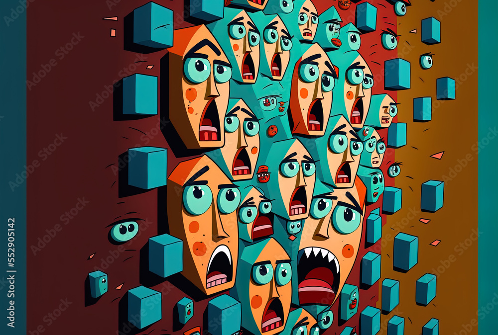 Multiple faces in a wall in an abstract representation of artificial ...