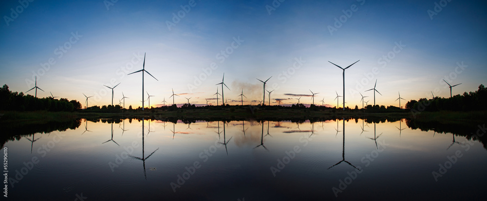 Powerful wind turbine farm for pure energy production on beautiful ...