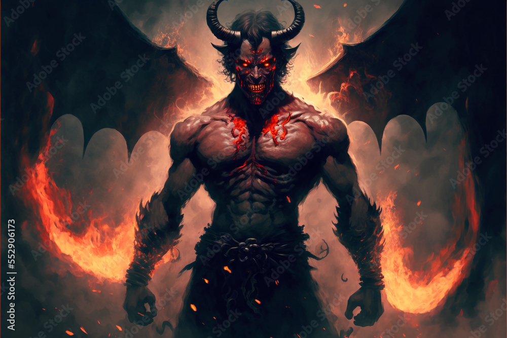Big demon with horns and wings in hell. Generative AI Stock ...