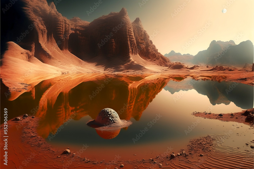 Water in Mars. Alien life concept. Created with Generative AI ...