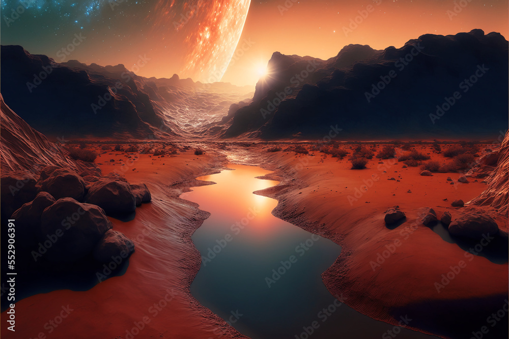 Water in Mars. Alien life concept. Created with Generative AI ...