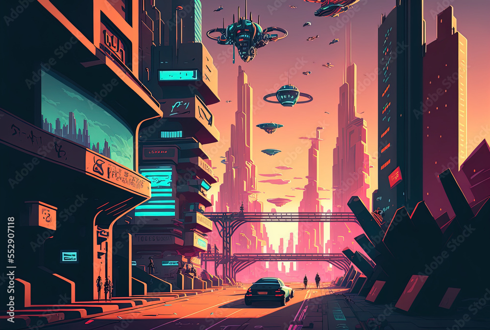 Downtown futuristic cyberpunk concept art. Generative AI Stock ...