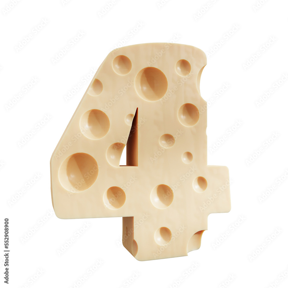 Cheese in the shape of a number 4, Four cheese number on transparent ...