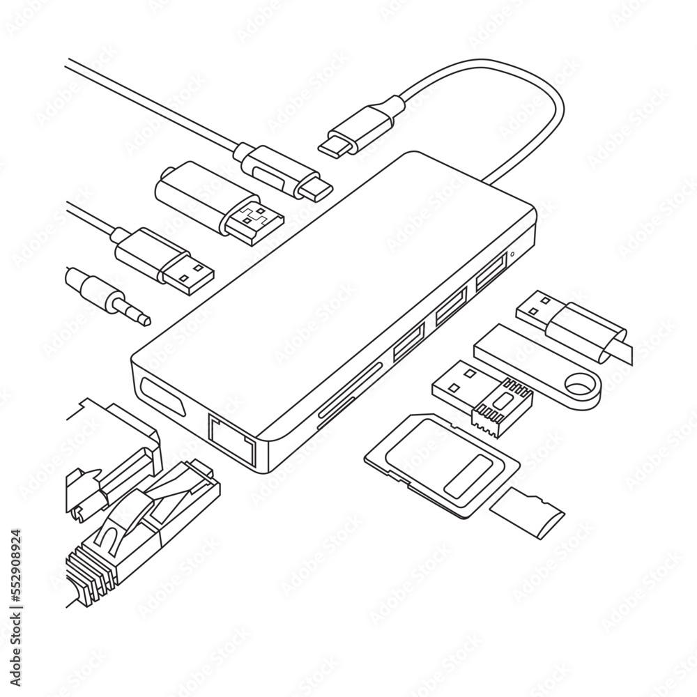 USB cable set and connector station, memory card, charger plug, line ...