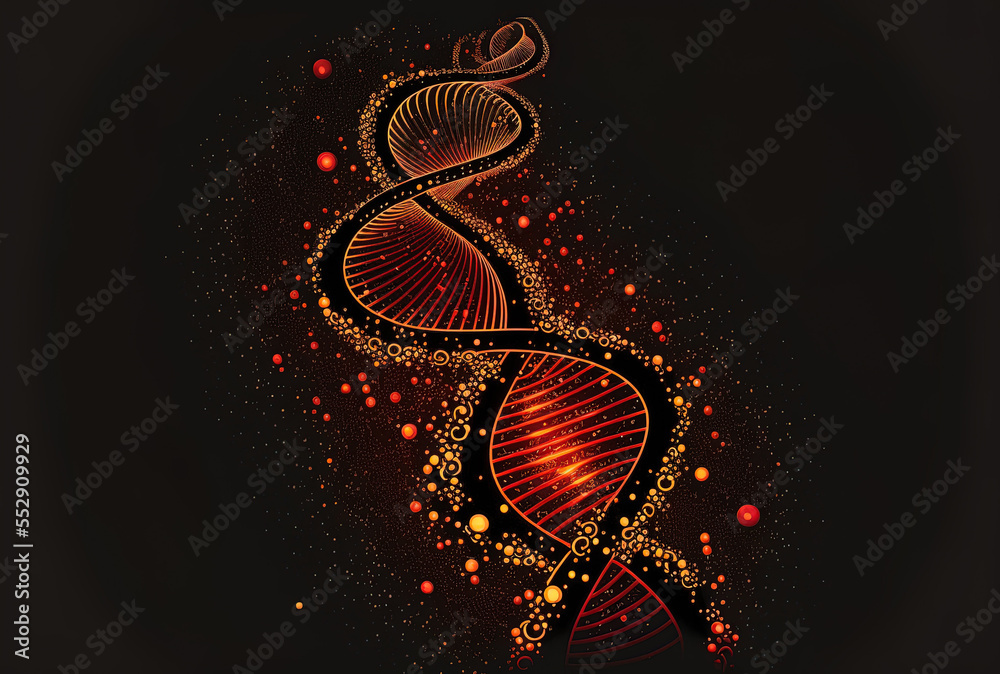Dna from an abstract, black background with moving particles medical ...