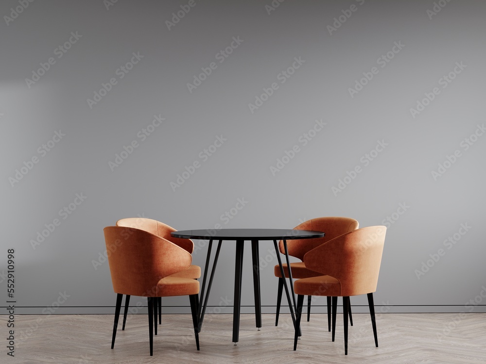 Dining room with 4 bright orange or coral chairs. Black round table and ...
