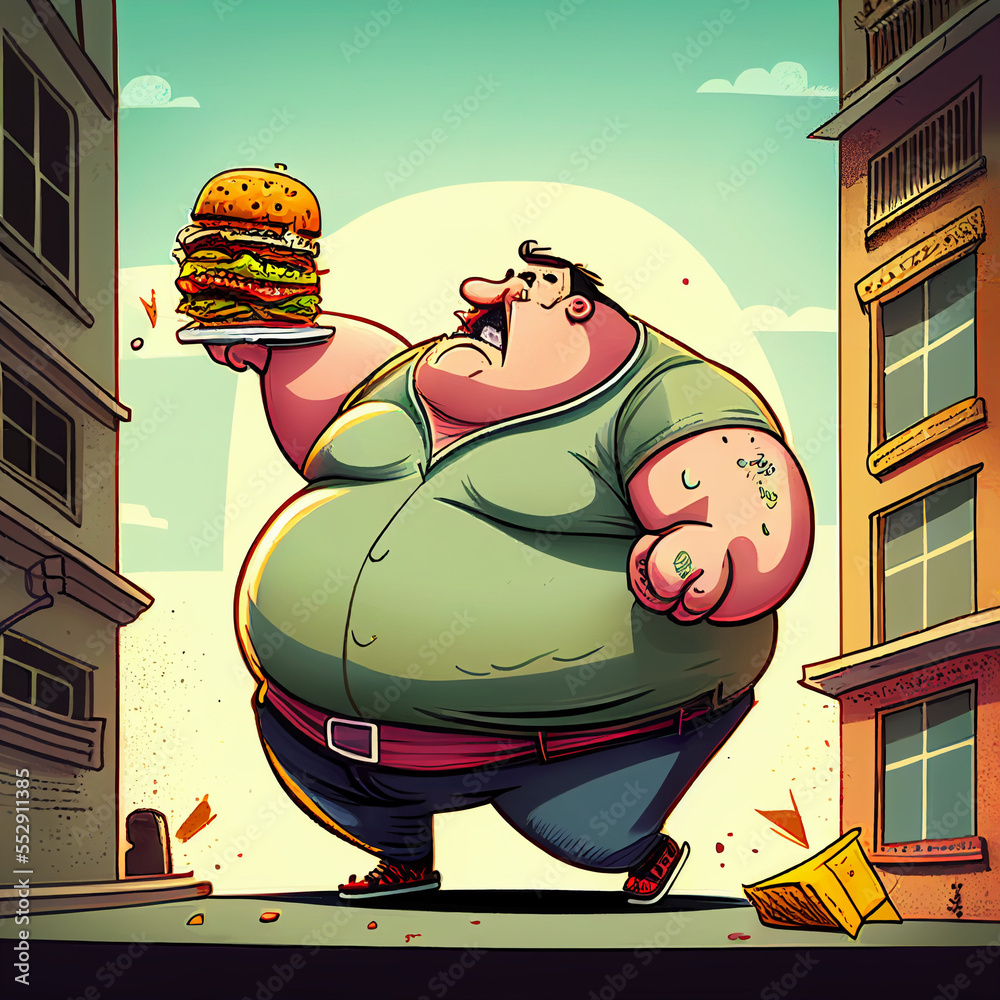 Fat man eat big burger cartoon Stock Illustration | Adobe Stock