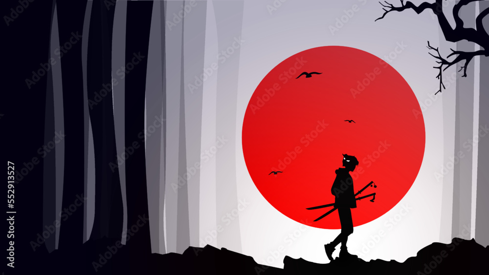 Japanese samurai warrior with a sword. Silhouette of a samurai in the ...