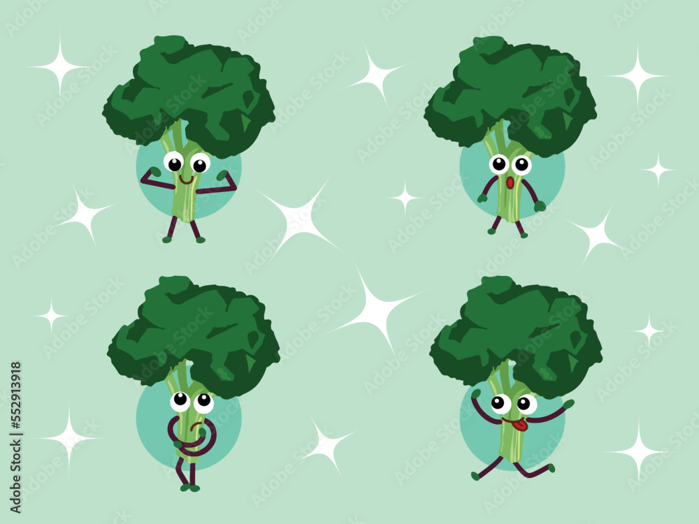 Green broccoli vegetable character mascot set collection vector ...