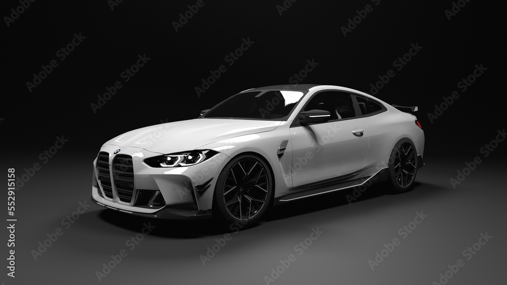 New BMW M4 Competition Coupe, luxury white Sportscar isolated on dark ...