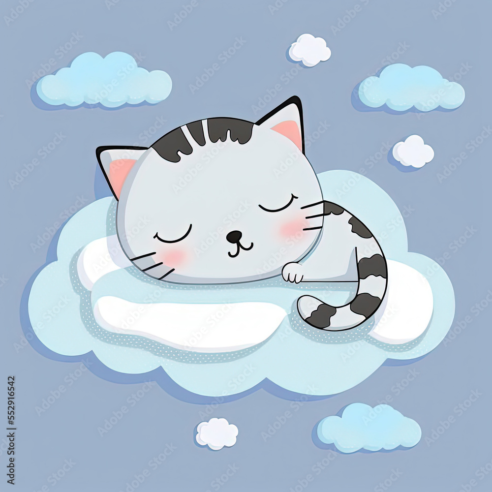 Cute Cat Sleep on a Cloud. KAWAII Stylish Comic Stamp. Flat Minimalist Design Art. For UI, WEB ...