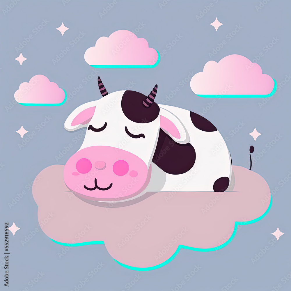 Cute Cow Sleep on a Cloud. KAWAII Stylish Comic Stamp. Flat Minimalist ...