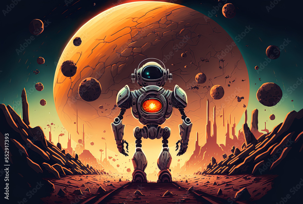 exploration of planets. robot on terraforming worlds. Illustration of a ...