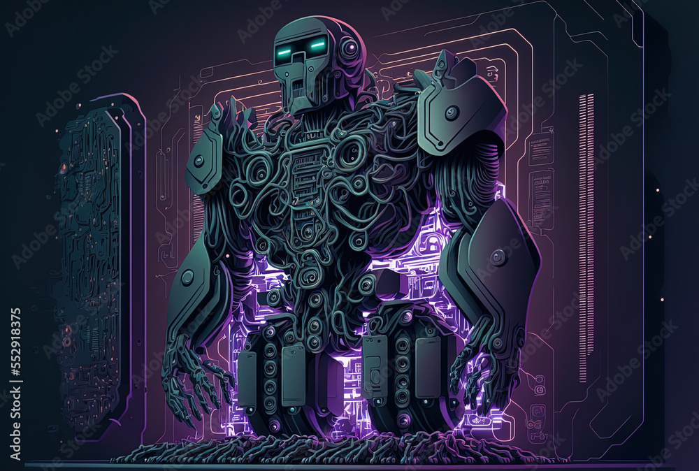 Illustration of a realistic robot or close up of motherboards and video ...