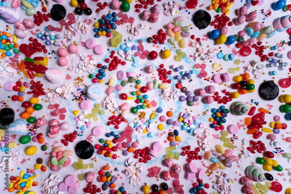 Confectioner’s close up of jelly beans, colorful chocolate coated candy ...