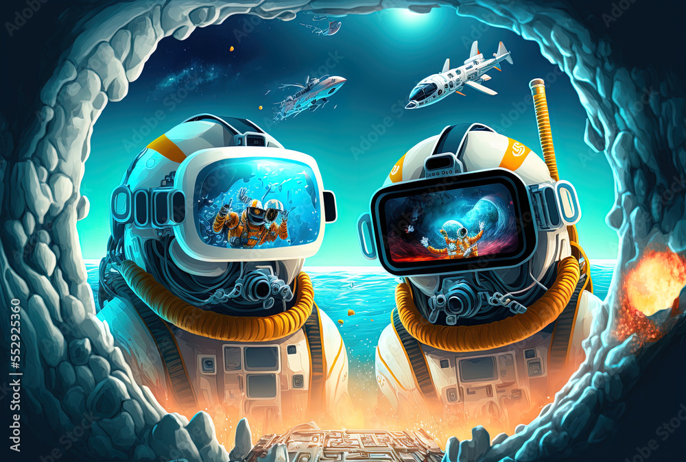 Robot astronauts traveling across virtual worlds aboard a rocket Sea ...