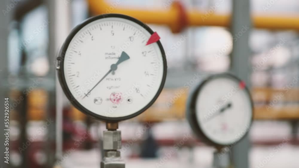 Gas and oil pipeline with distribution pipes. Pressure gauge shows the ...