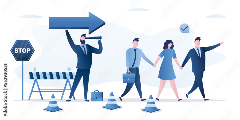 Boss or leader showing right direction for business team, warning about ...
