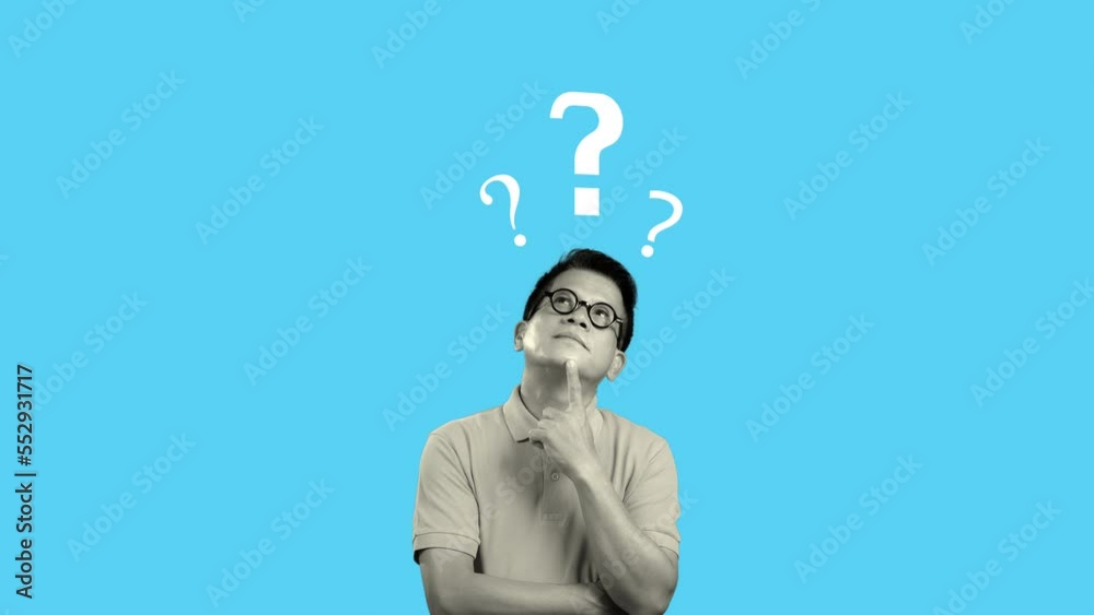 Asian man thinking something with question marks on blue background. 4K ...