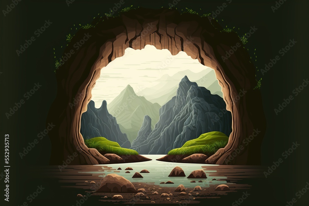 Fictional cave arch with view mountains Illustration. Stock ...
