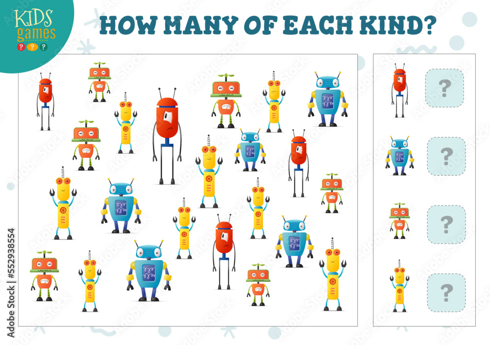 How many of each kind cartoon robot counting game for kids vector ...