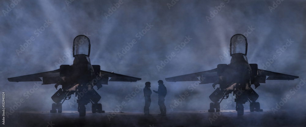 Fighter Pilots next to 2 military Fighter jets on a smoky runway ...