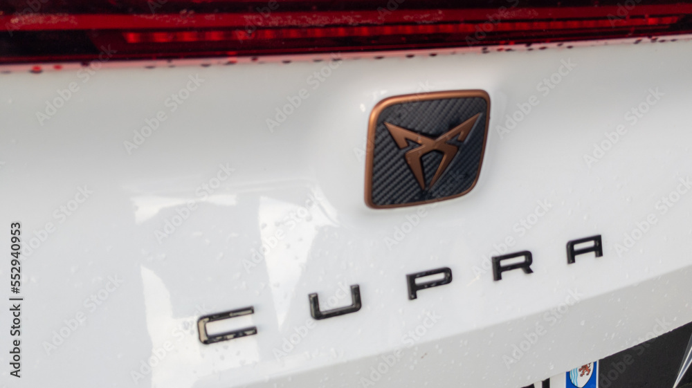 Seat Cupra sign text and brand logo of sport luxury car white Stock ...